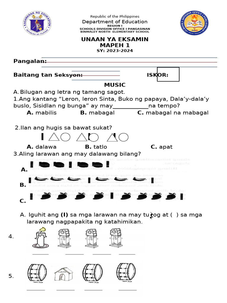 1st Quarterly Exam MAPEH Grade 1 S.Y.2023 2024 | PDF