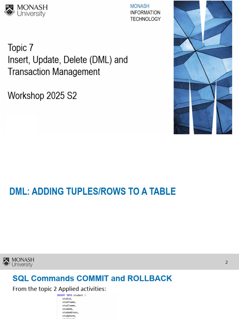 FIT9132 7 DML Transactions 2025S2 | PDF | Database Transaction | Concurrency (Computer Science)