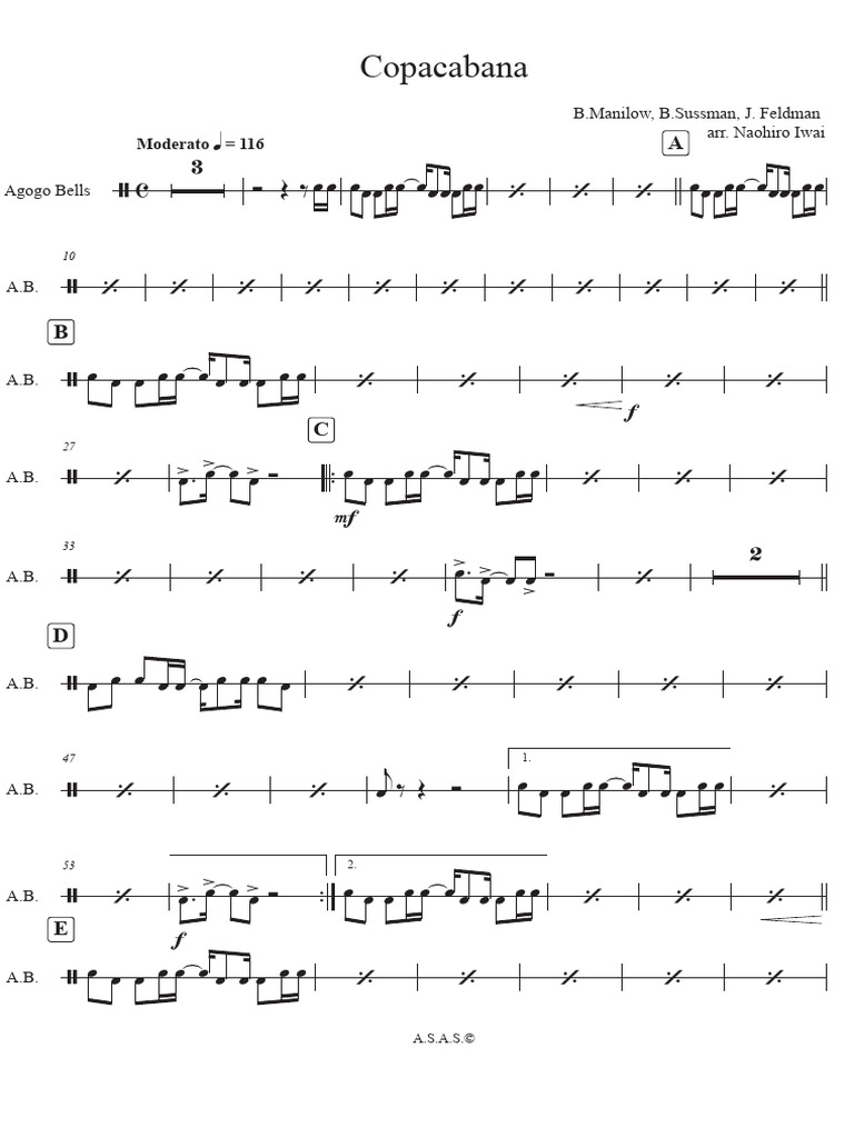 Copacabana FINALE - Agogo Bells | PDF | American Pop Songs | Pop Songs