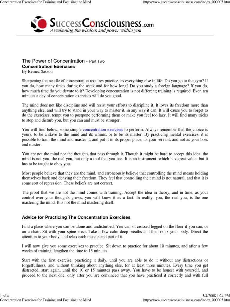 Concentration Exercises For Training and Focusing The Mind | PDF ...