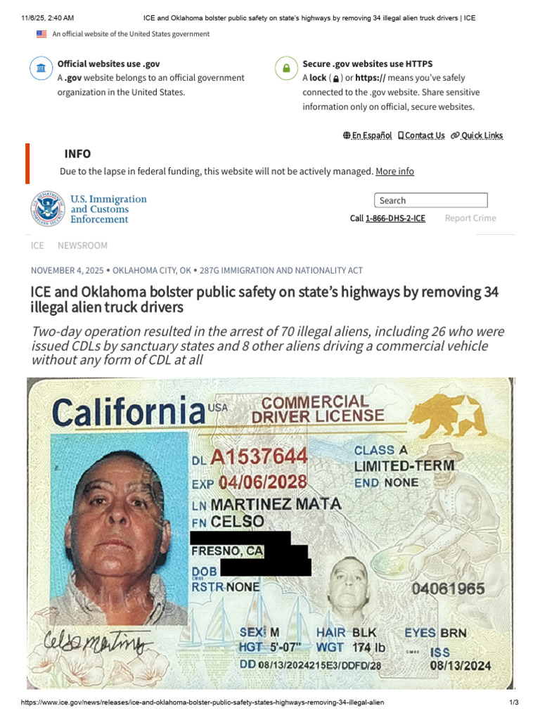 ICE and Oklahoma Bolster Public Safety On State's Highways by Removing ...