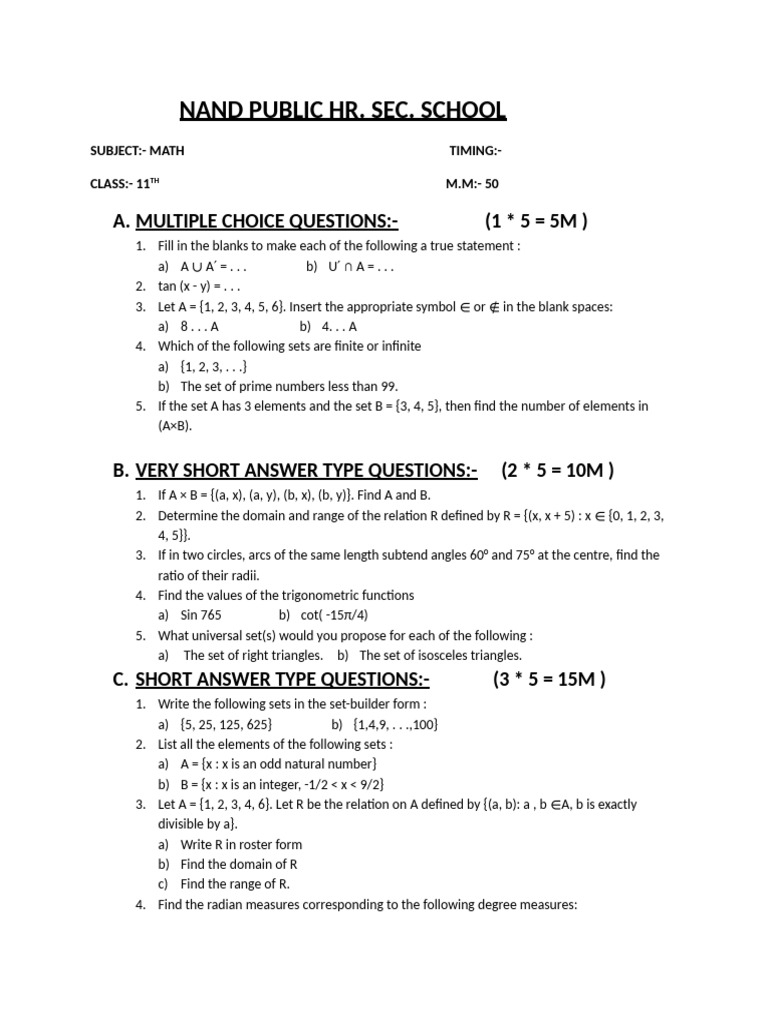 Class 11th Math Unit 1 Retest PPR | PDF | Mathematics | Elementary Geometry