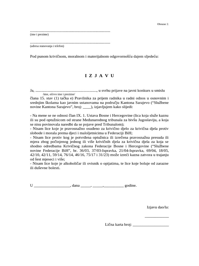 Izjava Obrazac 2. - C0ced1ce c4b9 4904 Bac8 853c15e688da | PDF