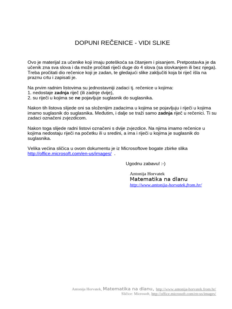 Dopuni Recenice Rijeci Do 4 Slova | PDF