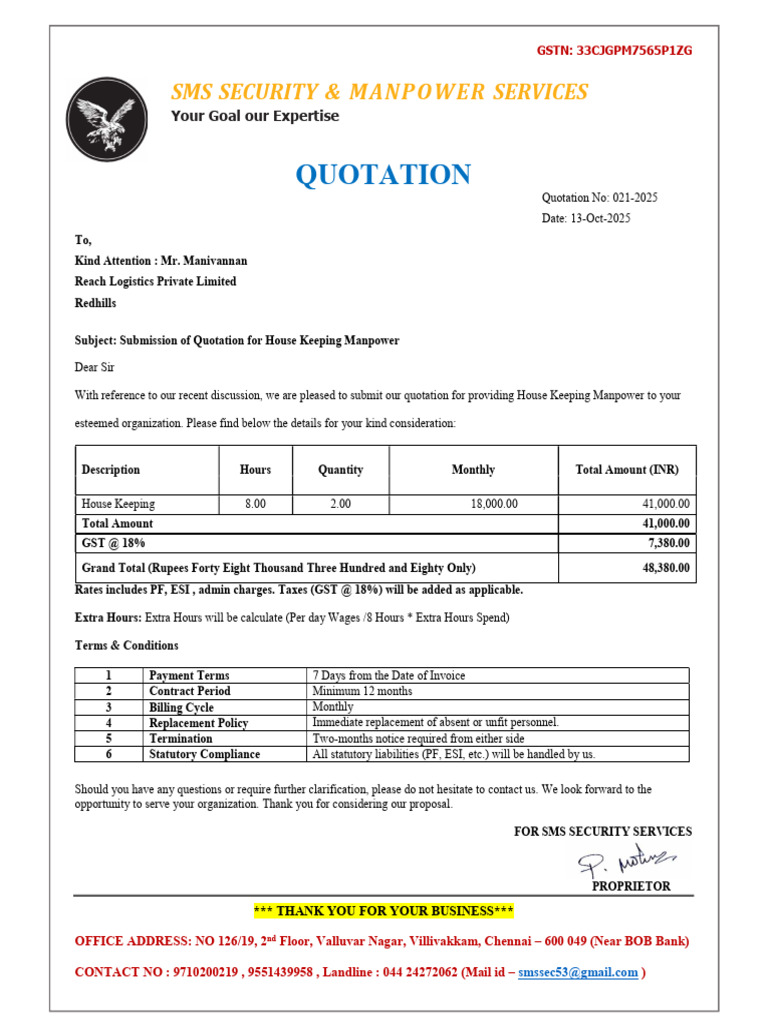Quotation For House Keeping - SMS Security and Manpower Services | PDF ...