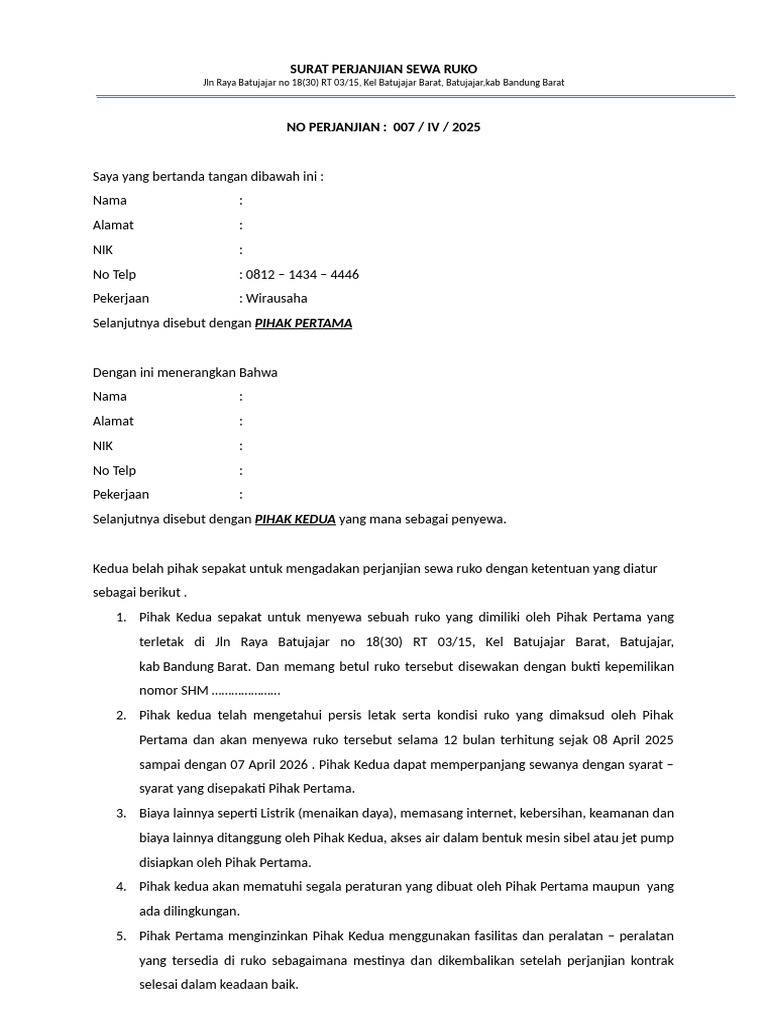Surat Perjanjian Sewa Ruko[1] | PDF