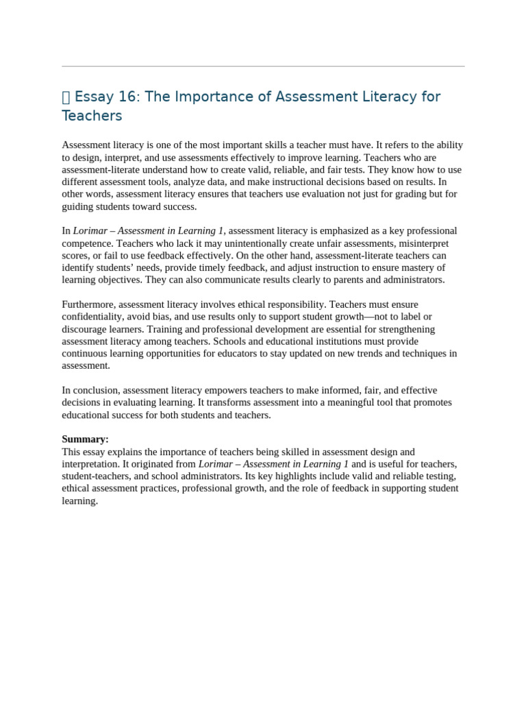 Importance of Assessment Literacy for Teachers | PDF