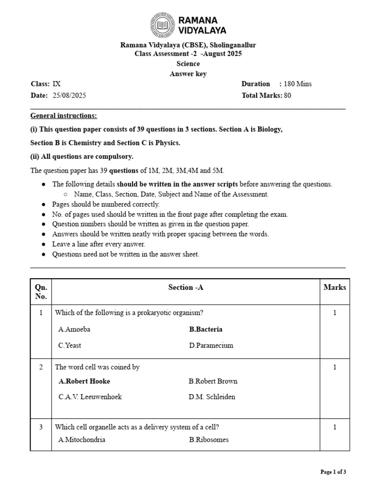 Class IX Science CA2 July2025 AK | PDF | Cell (Biology) | Atoms