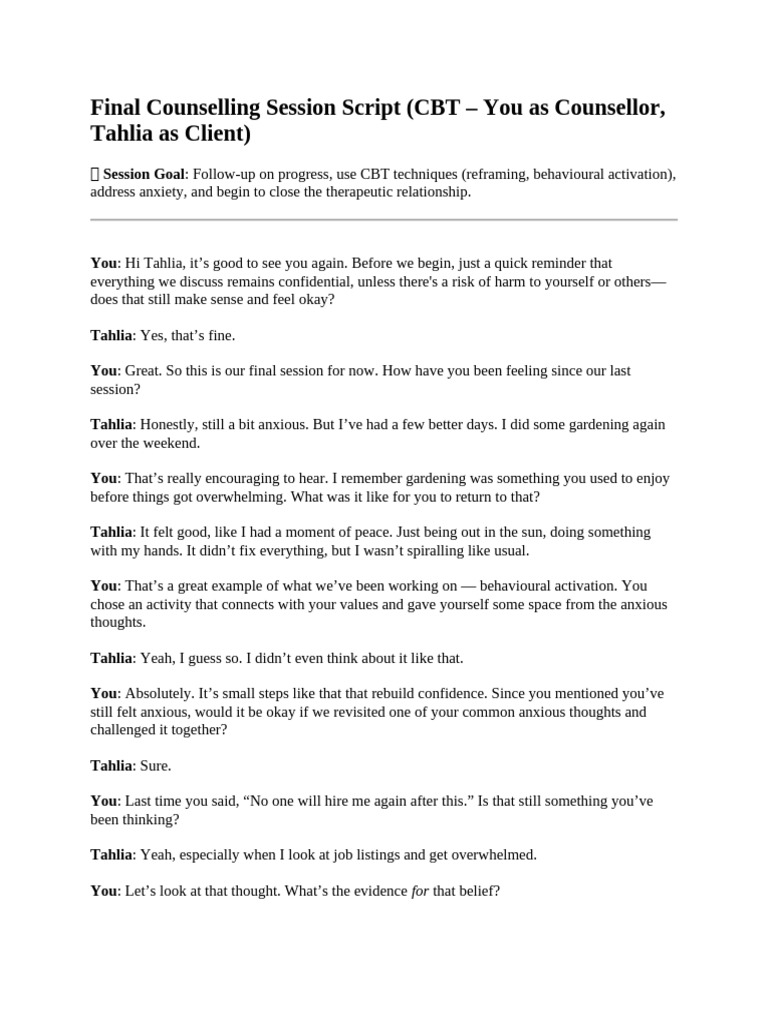 Final Counselling Session Script | PDF | Cognitive Behavioral Therapy ...