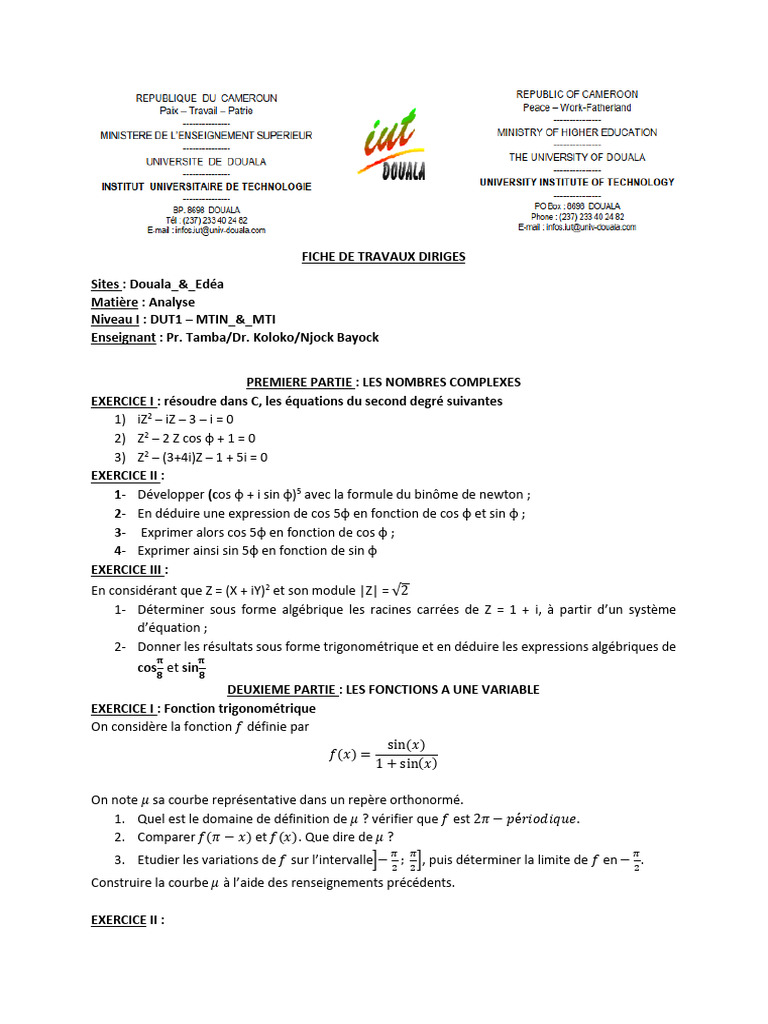 Travaux Dirigés : Analyse Mathématique | PDF | Fonction (Mathématiques ...