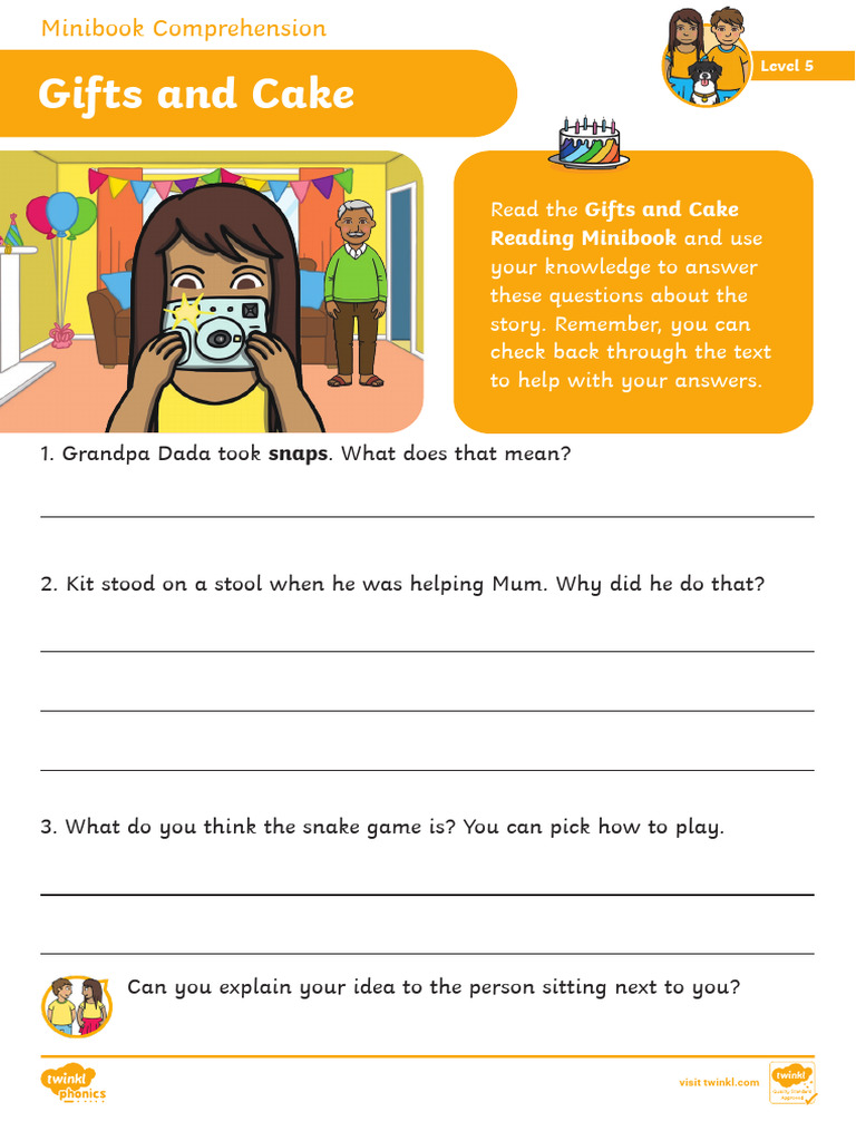 Reading Minibook Comprehension Level 5 Week 5 Gifts and Cake | PDF