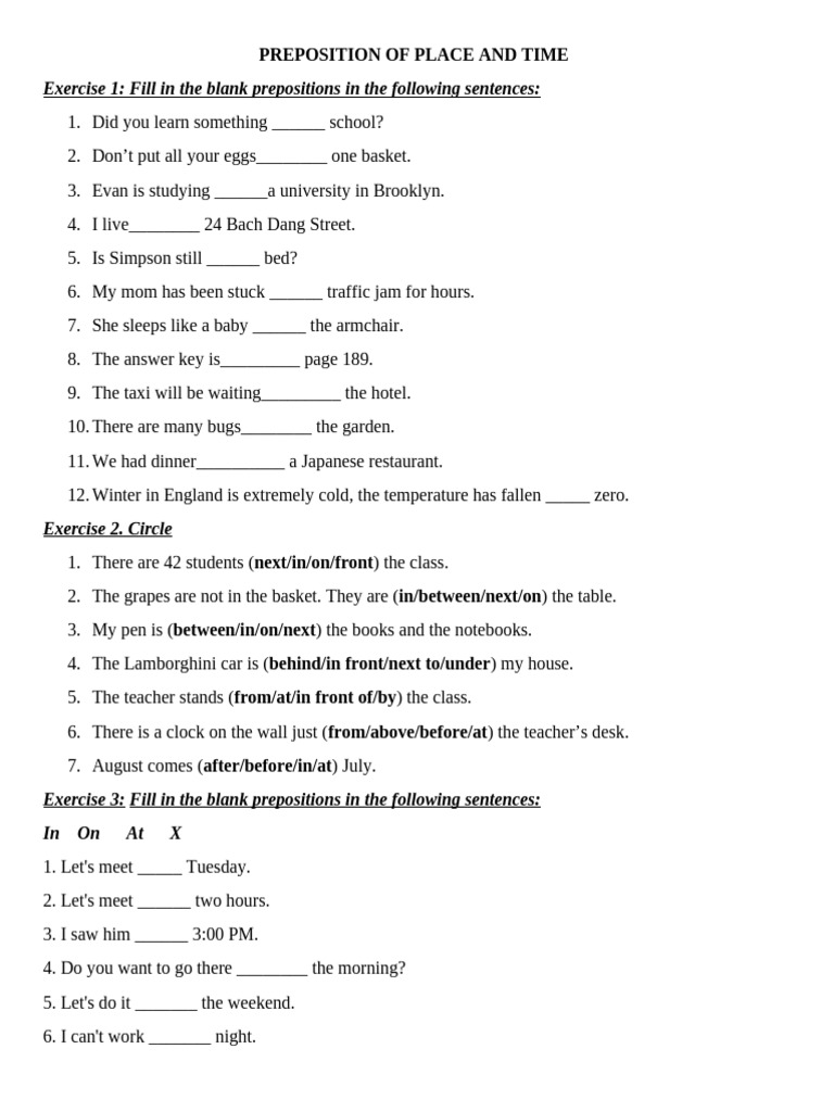 Prepositions of Place and Time Exercises | PDF