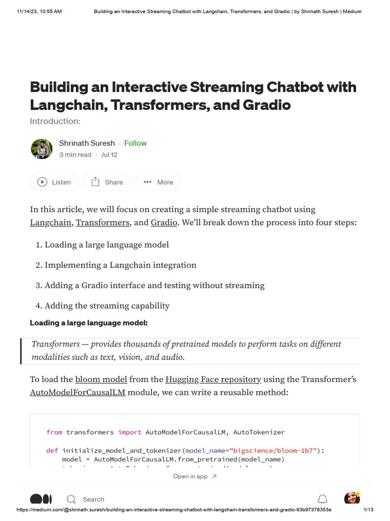 Building An Interactive Streaming Chatbot With Langchain, Transformers ...