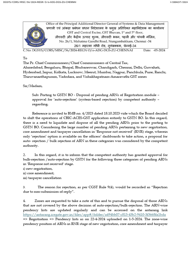 Auto-Rejection of Pending GST ARNs | PDF | Taxation | Taxes