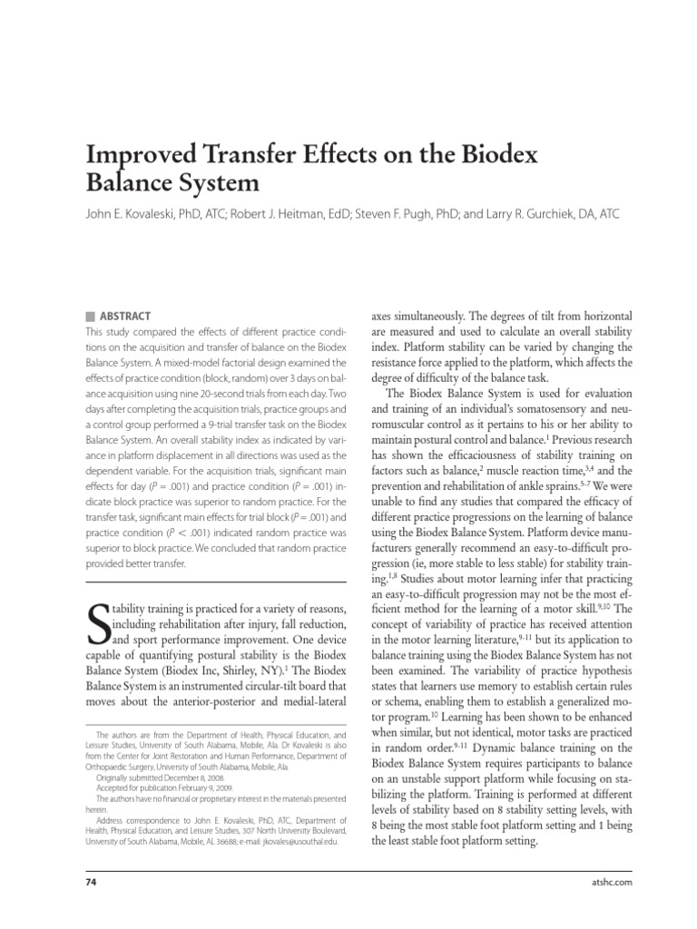Kovaleski Et Al 2009 Improved Transfer Effects On The Biodex Balance ...