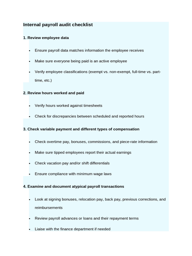 Internal Payroll Audit Checklist | PDF | Payroll | Audit