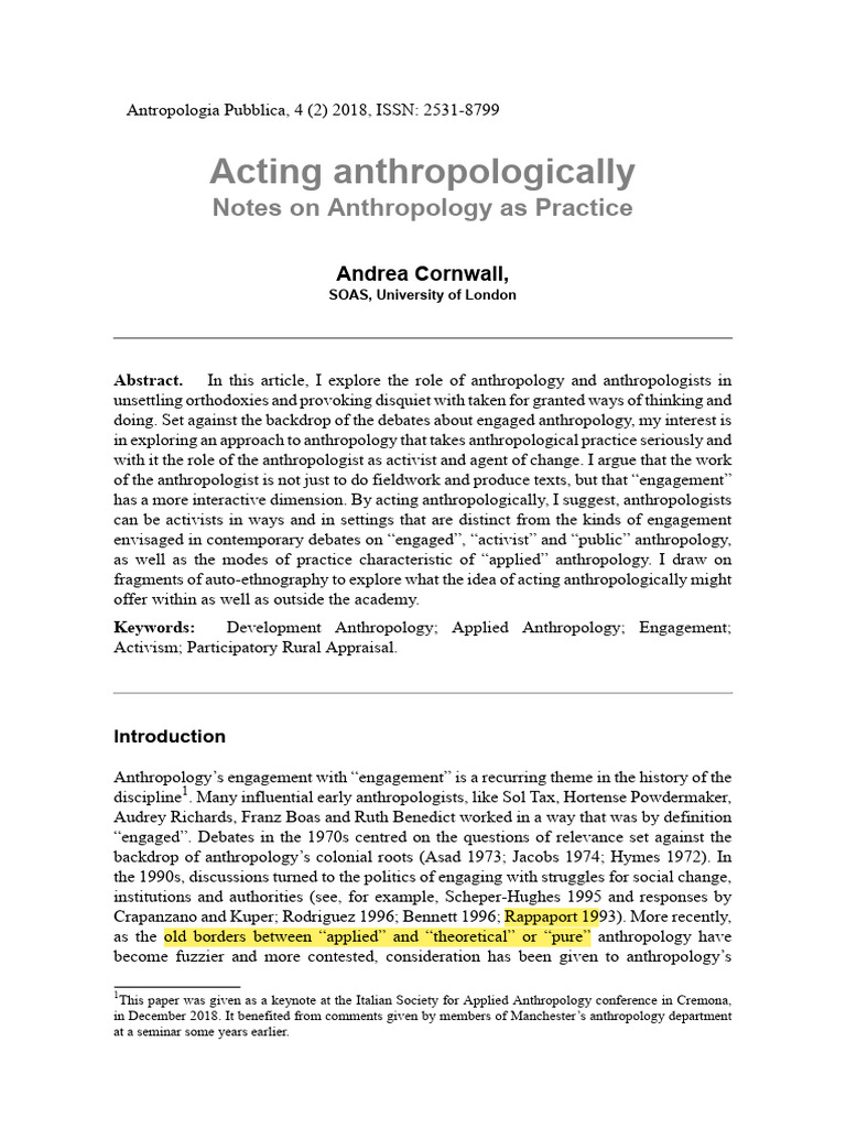 Acting Anthropologically in Practice | PDF | Anthropology | Field Research