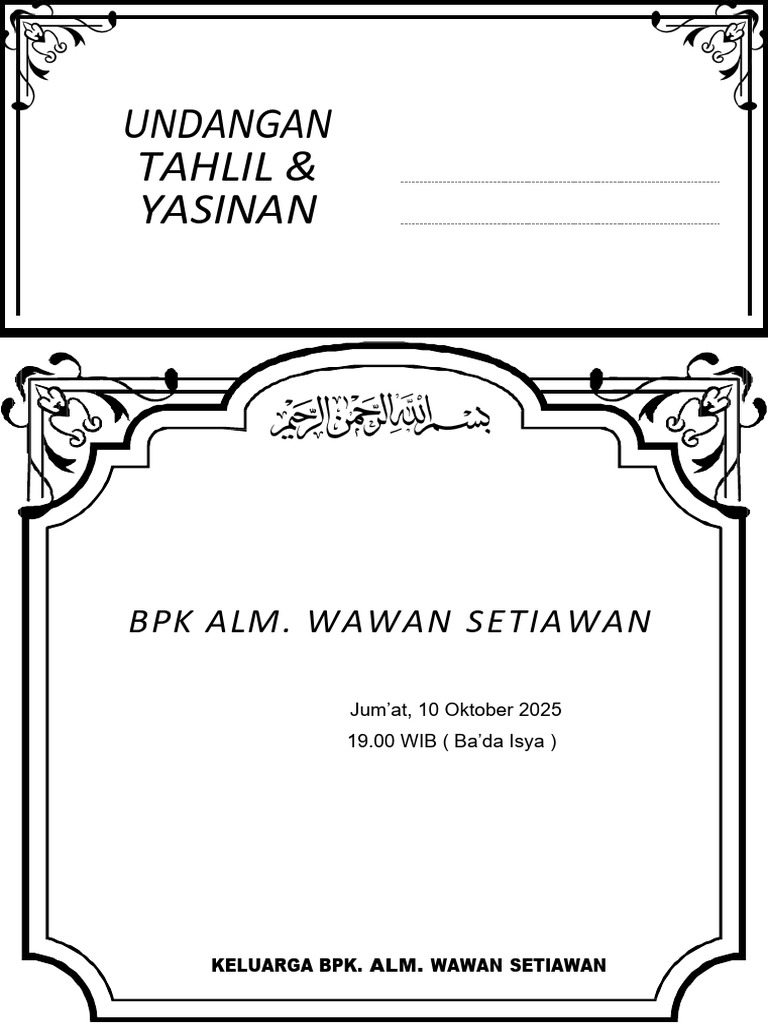 Hitam Putih Ornamen Undangan Tahlil & Yasinan Memperingati Wafat ...