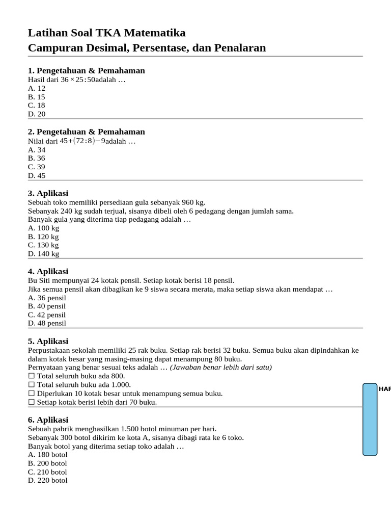 Latihan TKA MTK - Opeasi Hitung Bil. Cacah | PDF