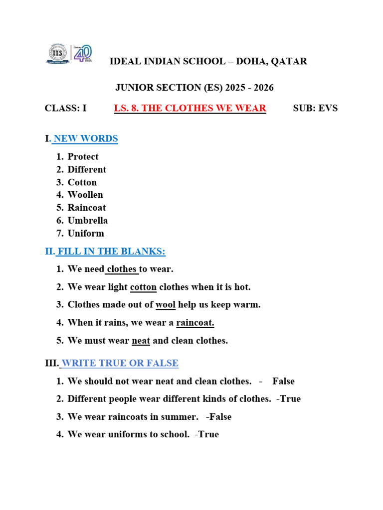 Clothes We Wear - EVS Class I Worksheet | PDF