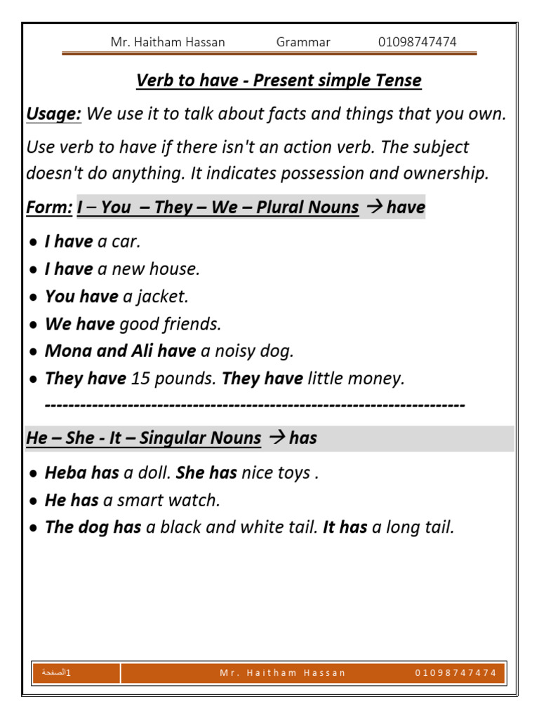 Verb To Have Present Simple Tense | PDF | Grammatical Number | Plural