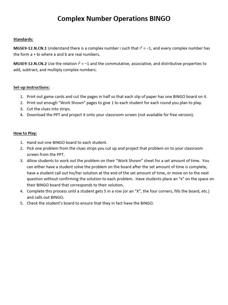 Complex Number Operations BINGO: Standards: MGSE9-12.N.CN.1 | PDF