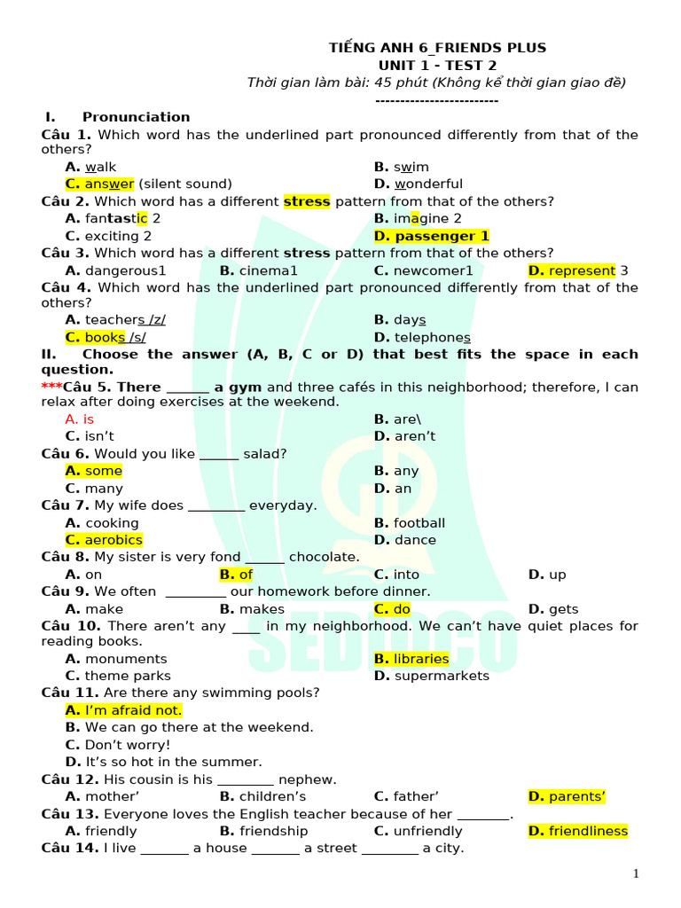 Tieng Anh 6 Friends Plus - Unit 1 - Test 1 1709 | PDF