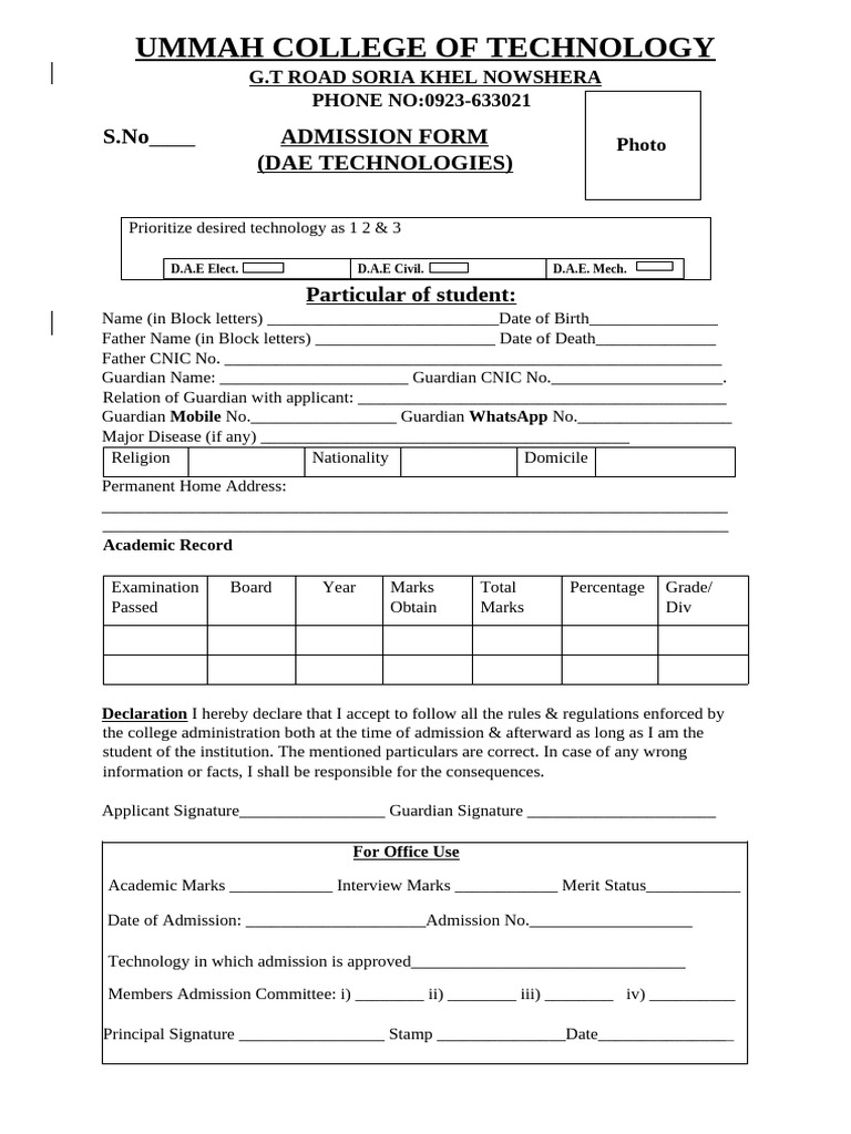 DAE Admission Form 2025 | PDF