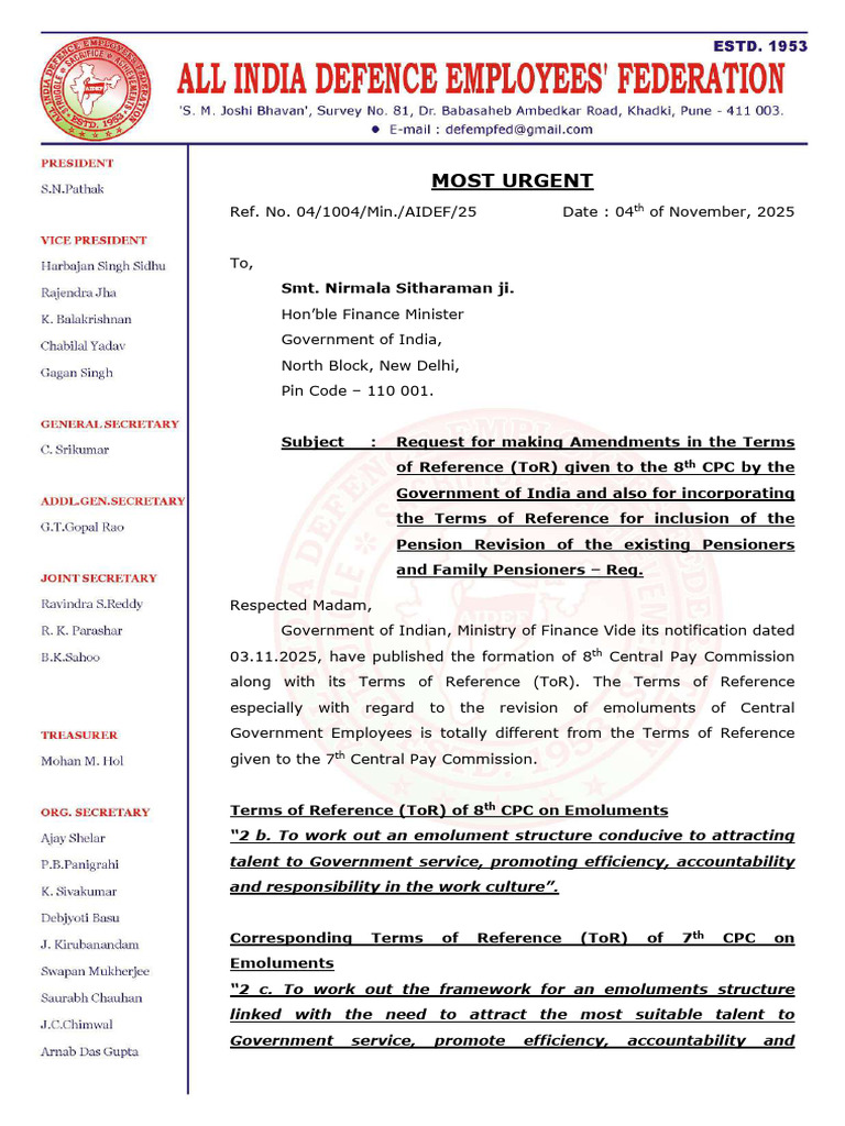 SMT Nirmala Sitharaman Ji - 04-11-2025 - Request For Making Amendments in The Terms of Reference ...