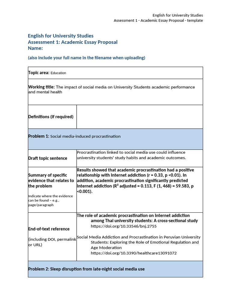 Assessment 1 - Academic Essay Proposal Template | PDF | Procrastination ...