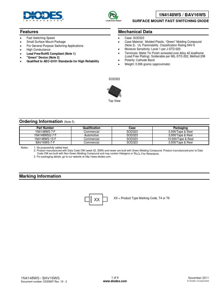 1N4148WS / BAV16WS: Surface Mount Fast Switching Diode | PDF | Rectifier | Electrical Components