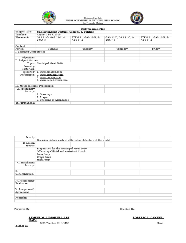 Daily Session Plan for Culture & Politics | PDF
