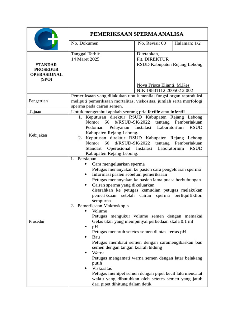 Sop Pemeriksaan Sperma | PDF