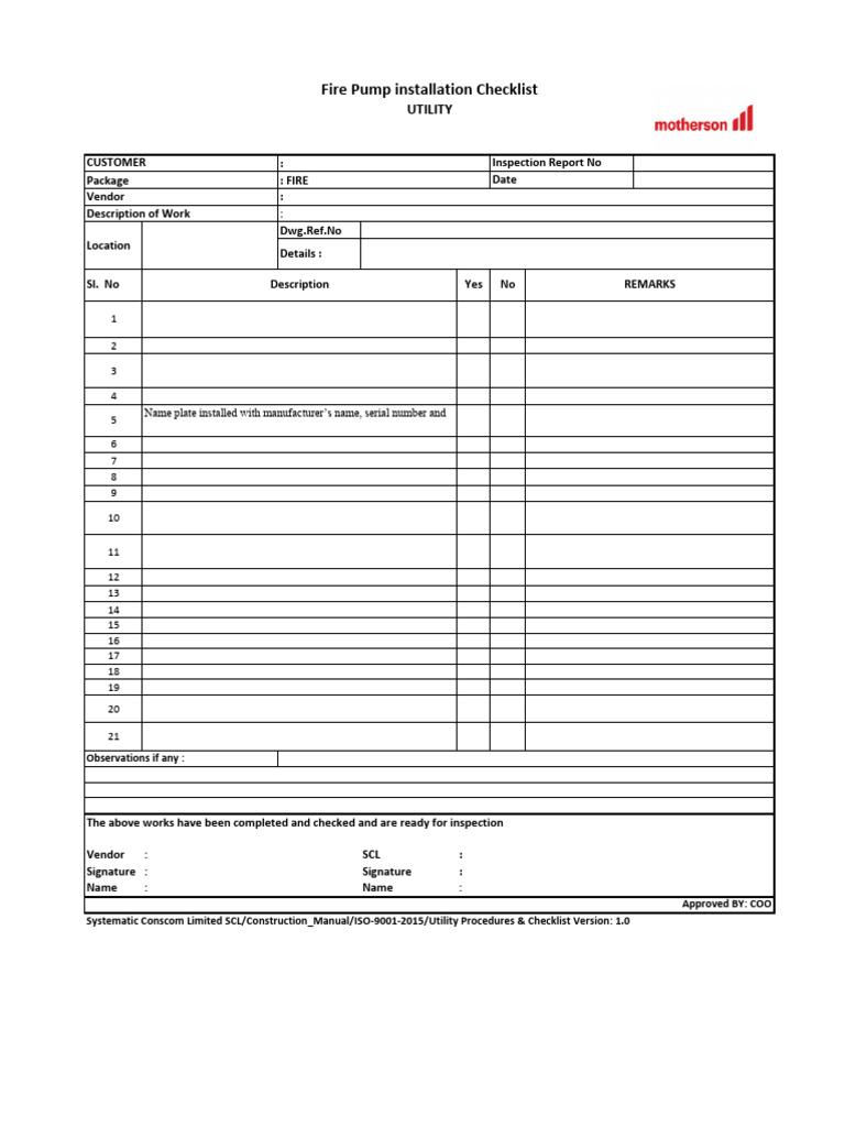 Pump Room Installation Checklist | PDF