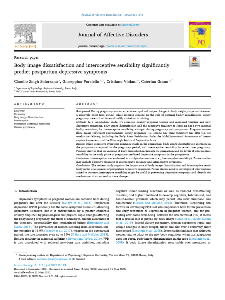 Body Image Dissatisfaction and Ppd | PDF | Major Depressive Disorder ...