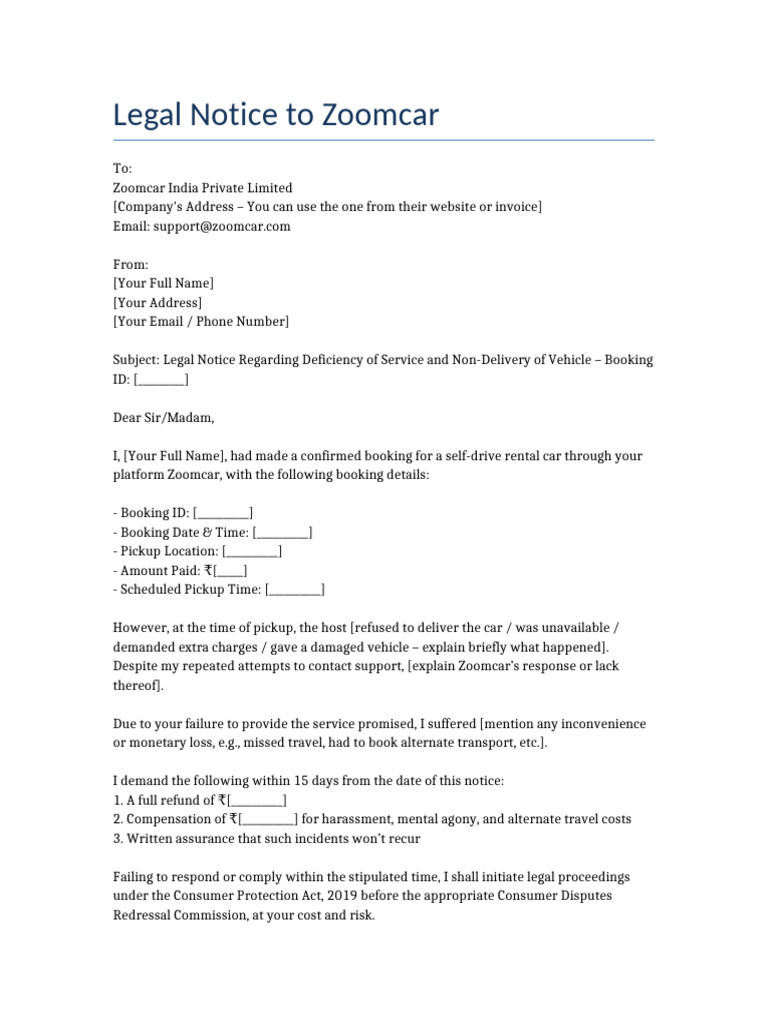 Zoomcar Legal Notice and Consumer Complaint Template | PDF | Justice ...