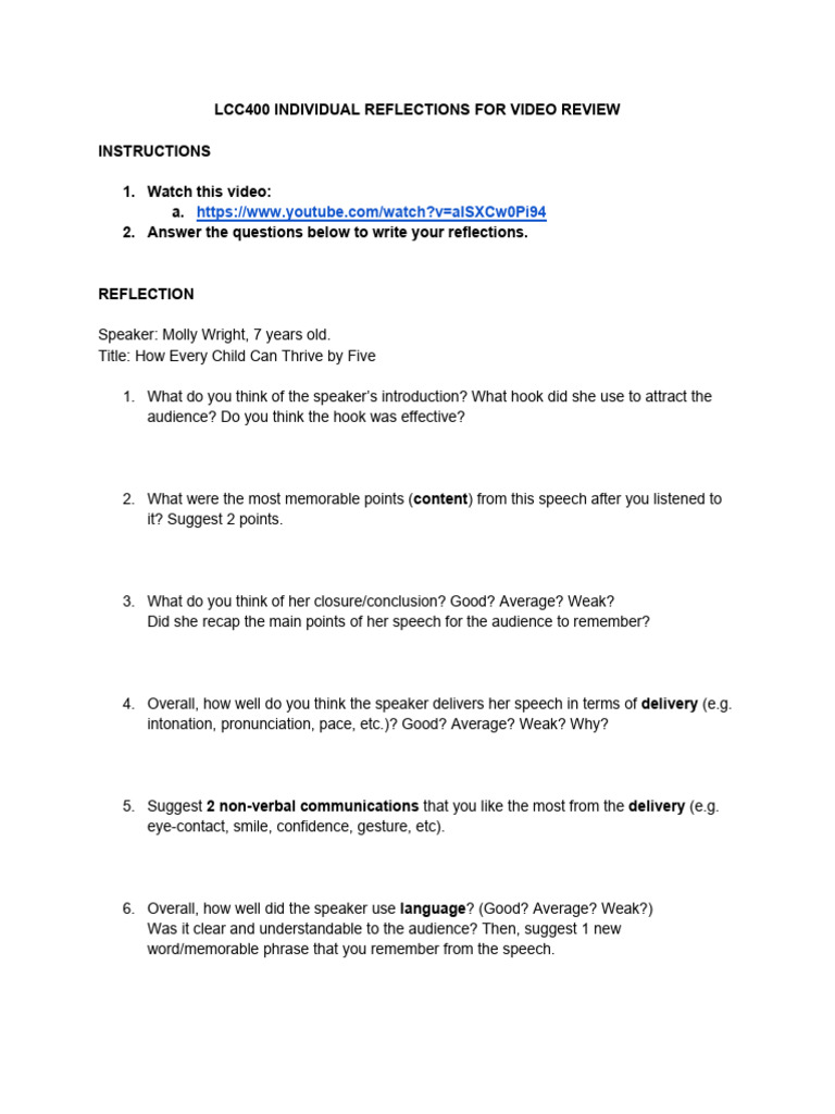 [Class Practice] Lcc400 Individual Reflections for Video Review | PDF