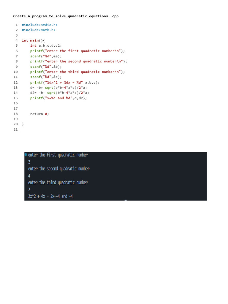 Create A Program To Solve Quadratic Equations..Cpp | PDF