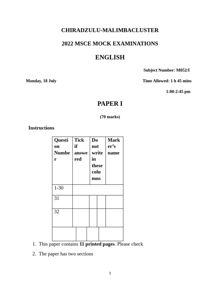 2022 MSCE English Mock Exam Paper | PDF | Adverb | Adjective