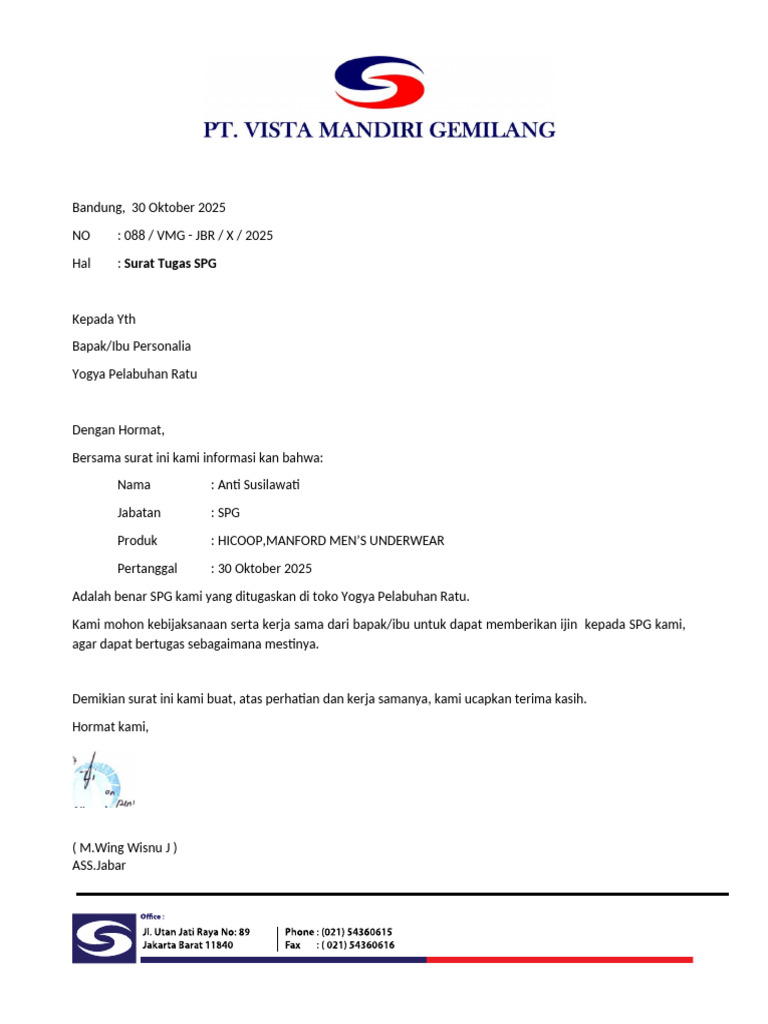Surat Tugas Spg Vmg Ypr | PDF