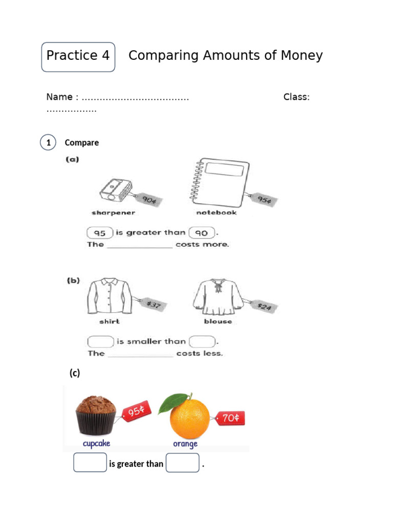 Practice 4 Comparing Amounts of Money | PDF
