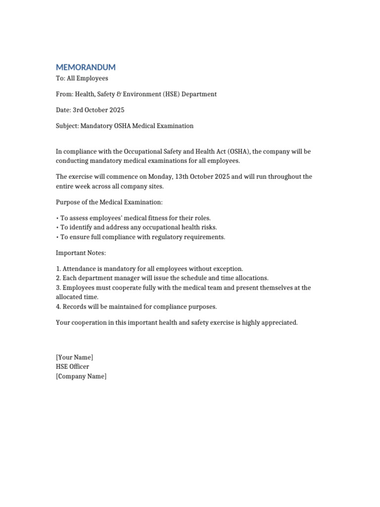 Company OSHA Medical Examination With Basic Details | PDF | Occupational Safety And Health ...