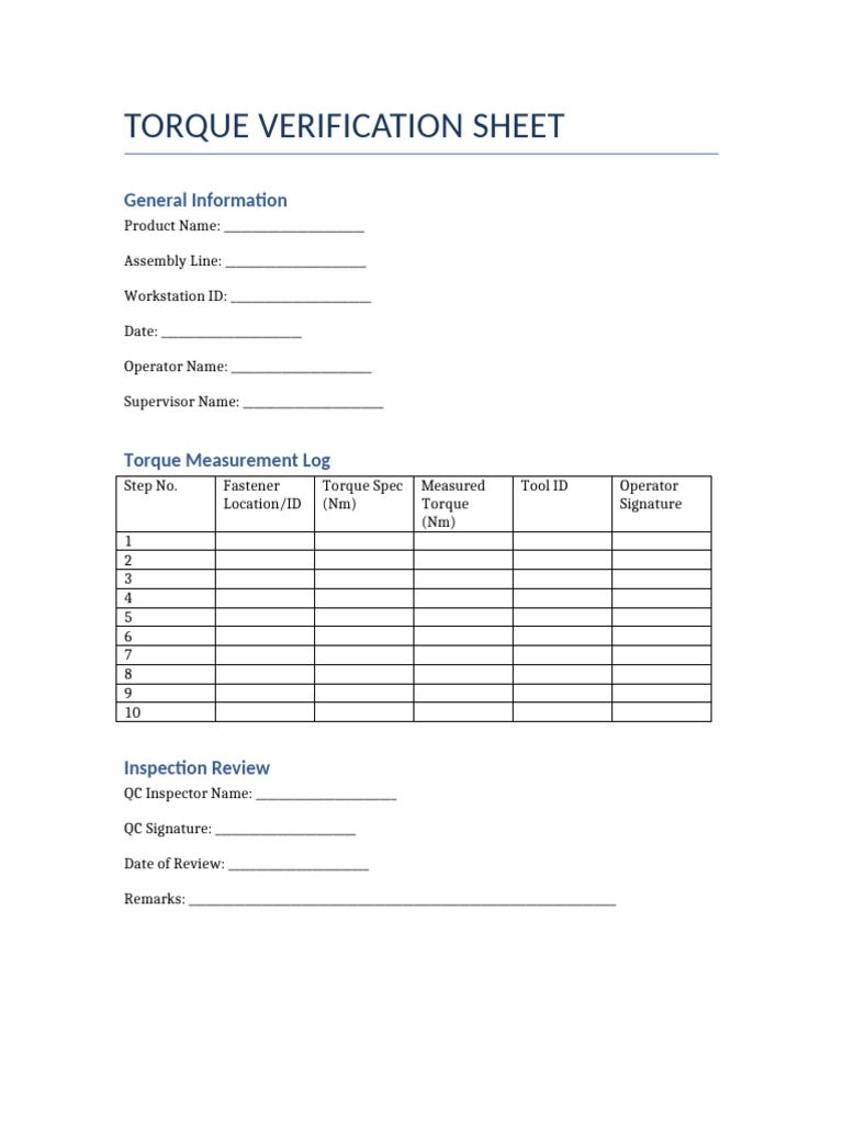 Torque Verification Sheet Template | PDF