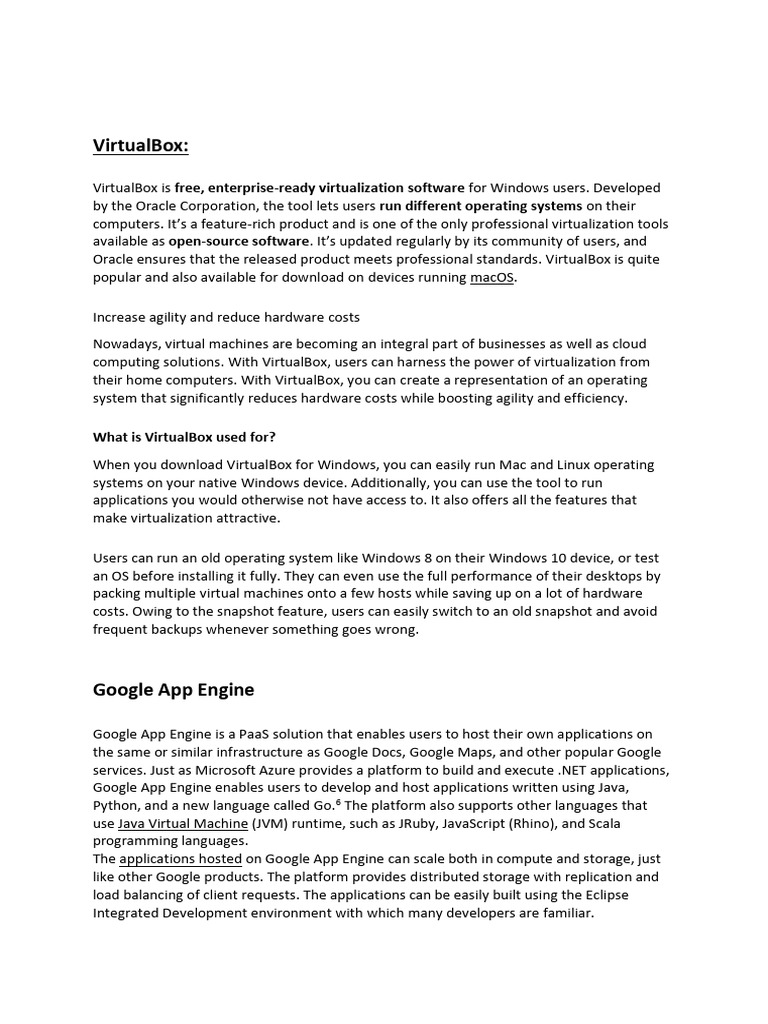 Virtual Box, Google App Engine | PDF | Virtualization | Operating System