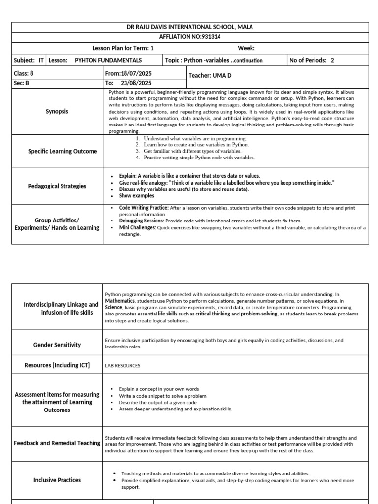 Python Variables Lesson Plan for Grade 8 | PDF | Computer Programming ...