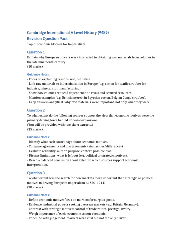 History 9489 Economic Motives Revision Pack | PDF | British Empire ...
