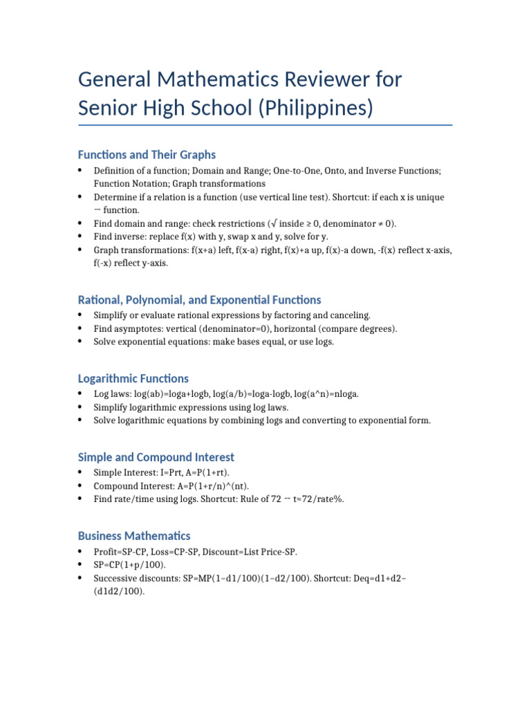 General Mathematics Reviewer SHS | PDF