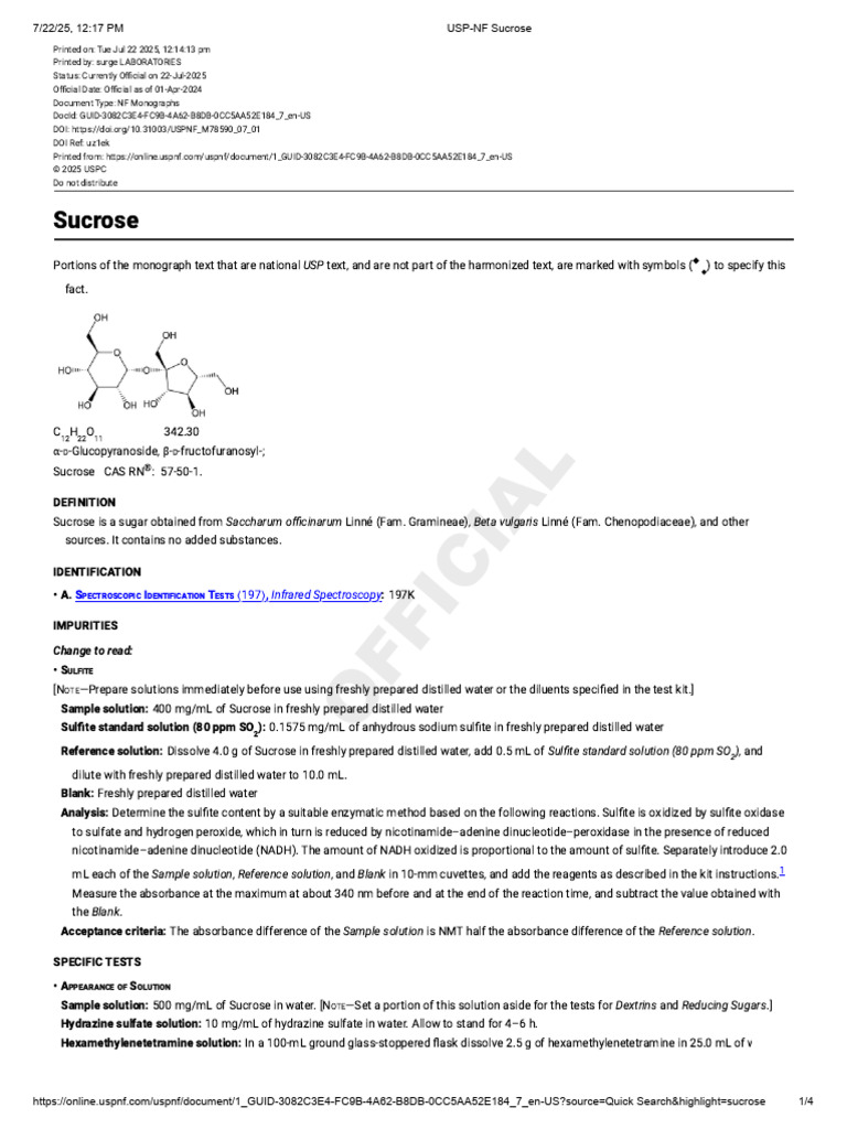 USP NF Sucrose | PDF | Nicotinamide Adenine Dinucleotide | Water