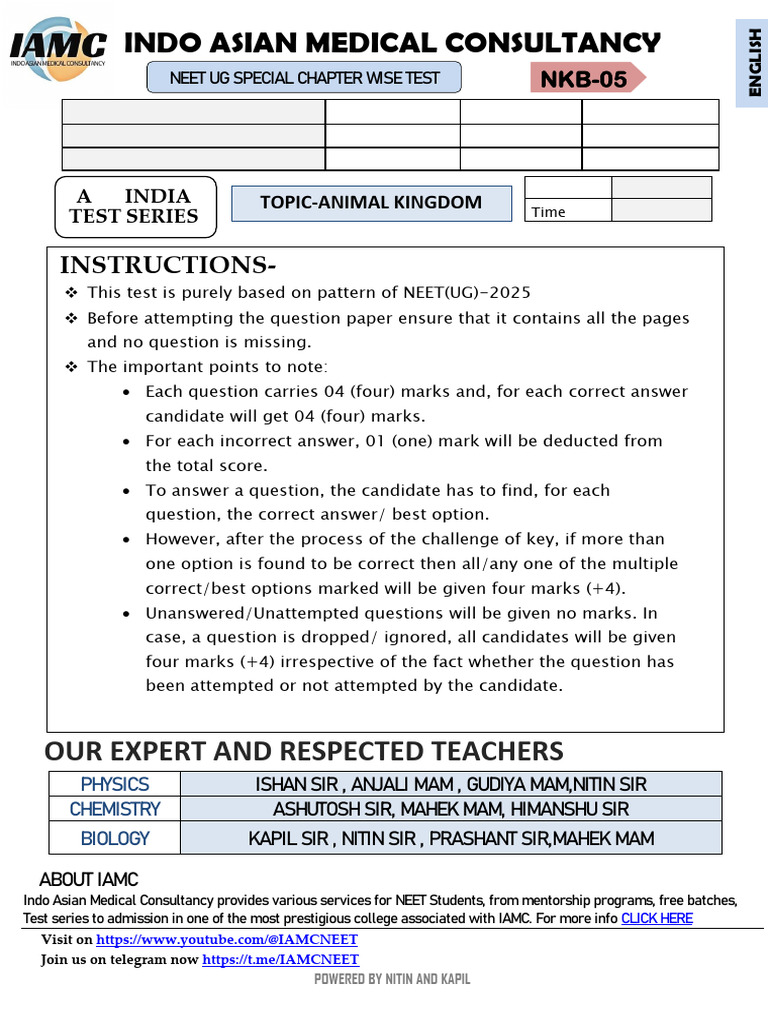 NEET UG 2025 Animal Kingdom Test | PDF | Blood Vessel | Circulatory System