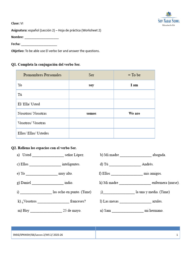 G6 Leccion 2 WS 2 El Verbo Ser | PDF